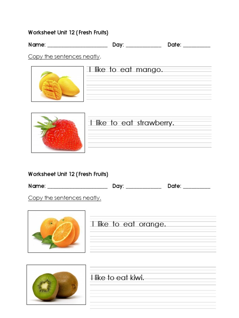 Fresh Fruits Sentence Copying Worksheet | PDF | Teaching Methods ...