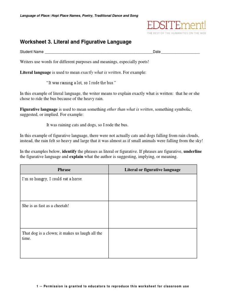 Worksheet 3. Literal and Figurative Language: Literal Language Is Used ...