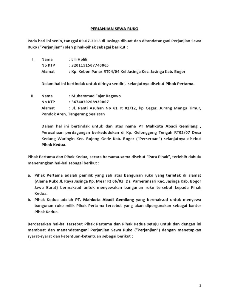 Draft Perjanjian Sewa Ruko Jasinga | PDF