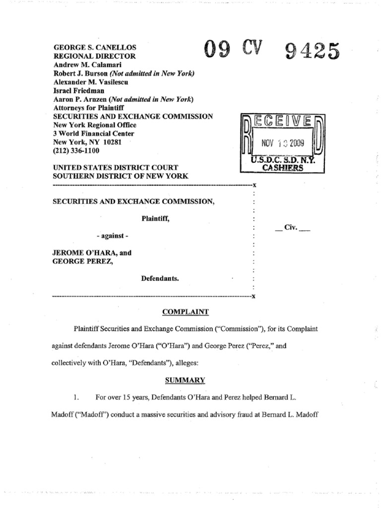 SEC Complaint (09-9425) | Download Free PDF | Bernard Madoff | U.S. Securities And Exchange ...