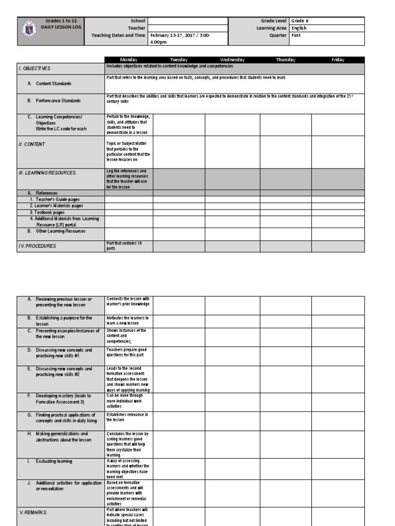 DLL Template With Explanations | PDF | Learning | Teachers