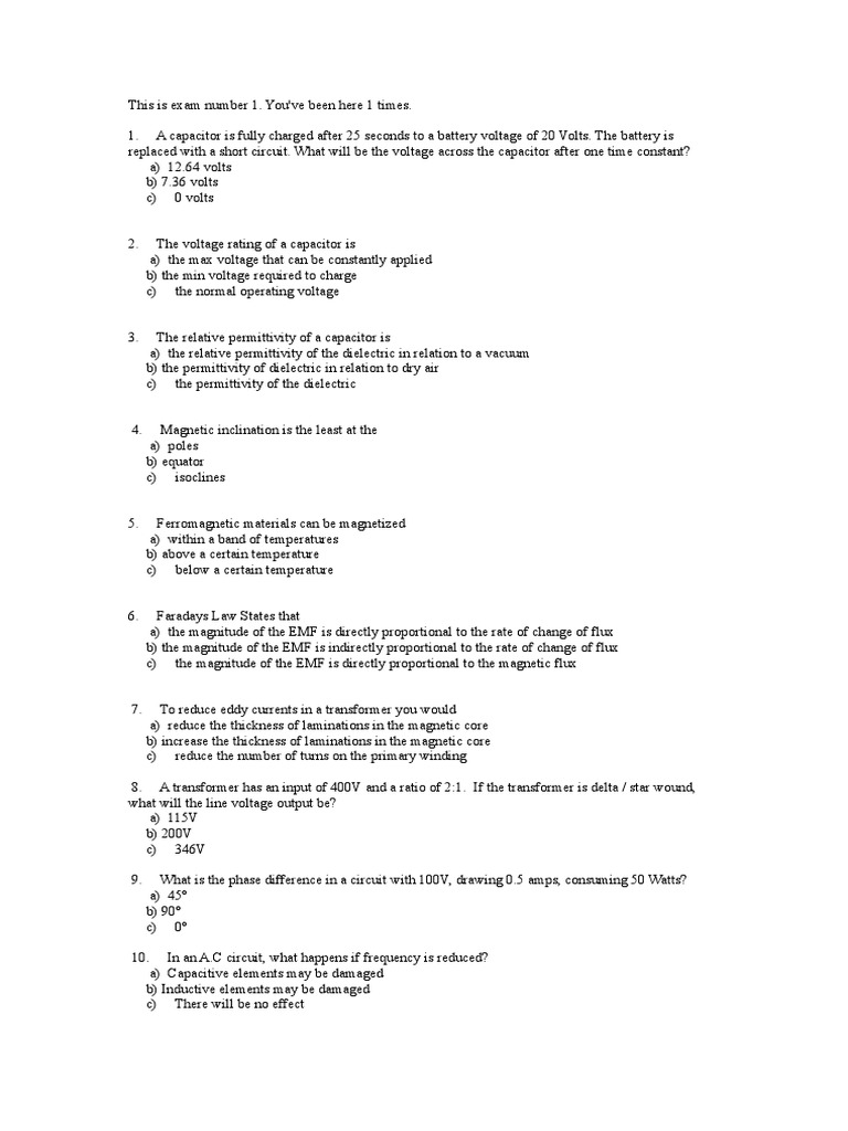 Analysis of Exam Questions Covering Electrical Engineering Fundamentals ...