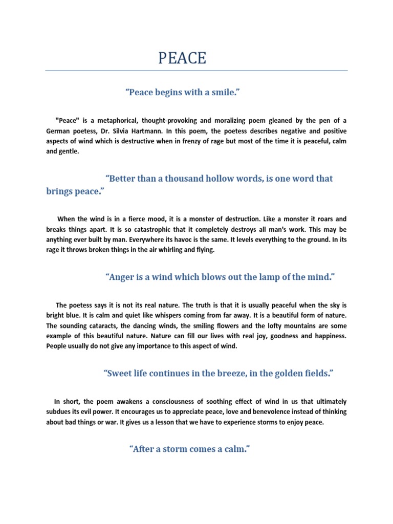 Peace Summary 10th Class English | Wound