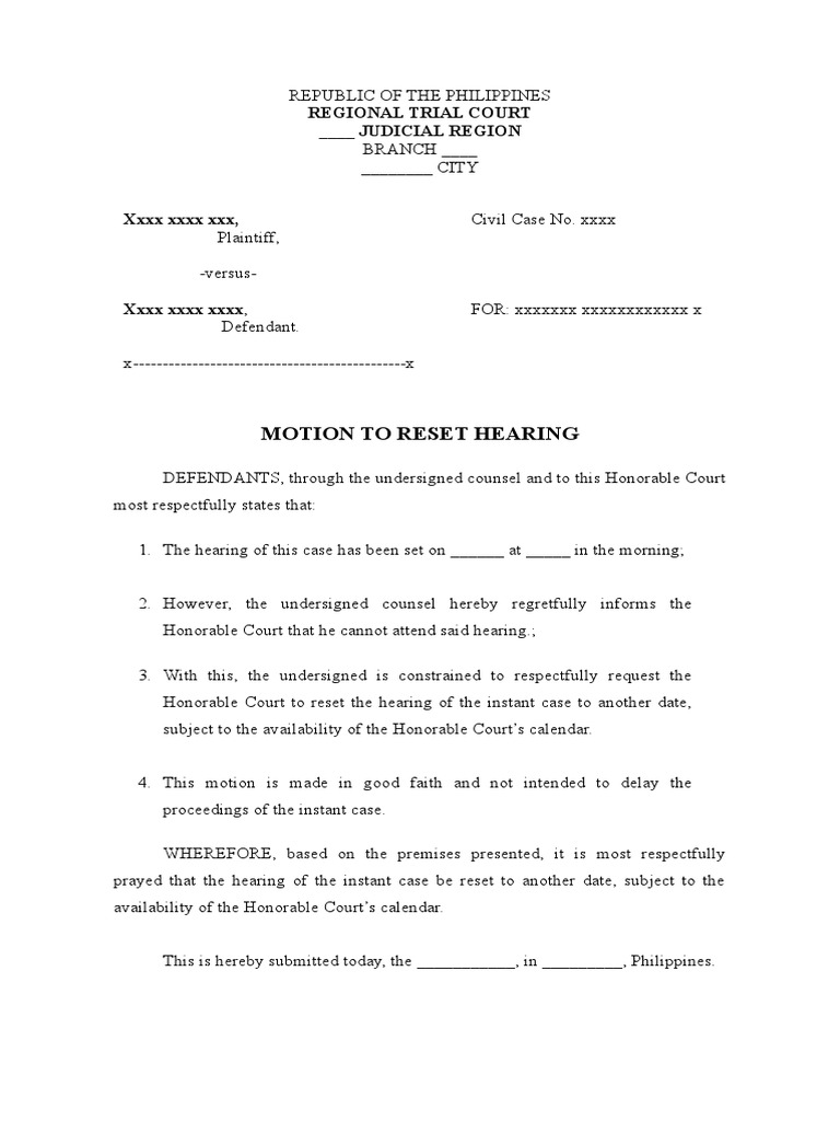 Example of Motion To Reset Hearing | PDF