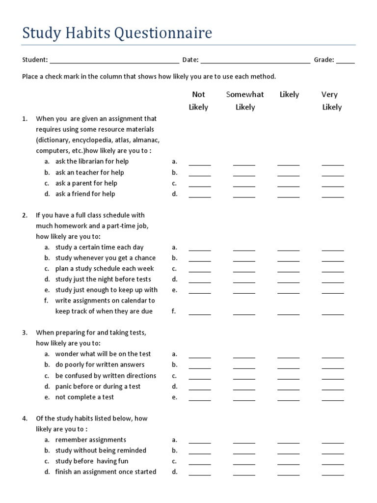 Study Habits Questionnaire: Not Somewhat Likely Very Likely Likely ...