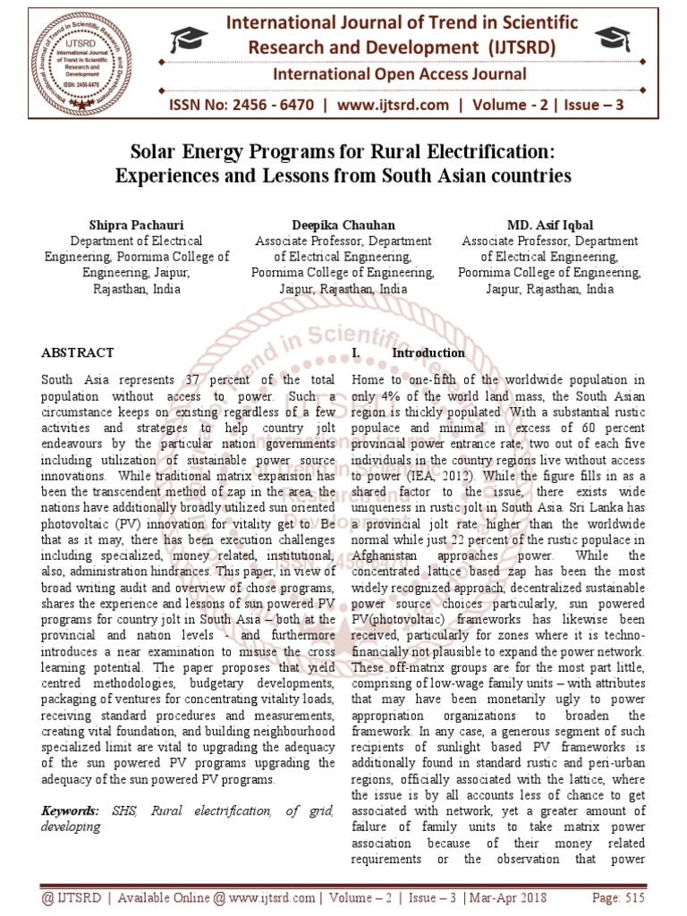 Solar Energy Programs For Rural Electrification: Experiences and Lessons From South Asian ...