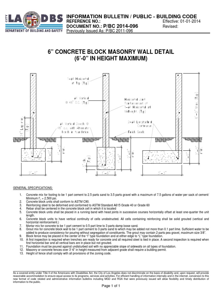 6" Concrete Block Masonry Wall Detail (6'-0" in Height Maximum) | PDF ...