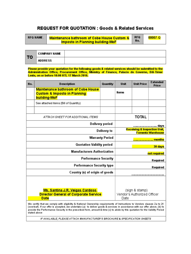 RFQ Format Goods and Services | PDF | Specification (Technical Standard ...