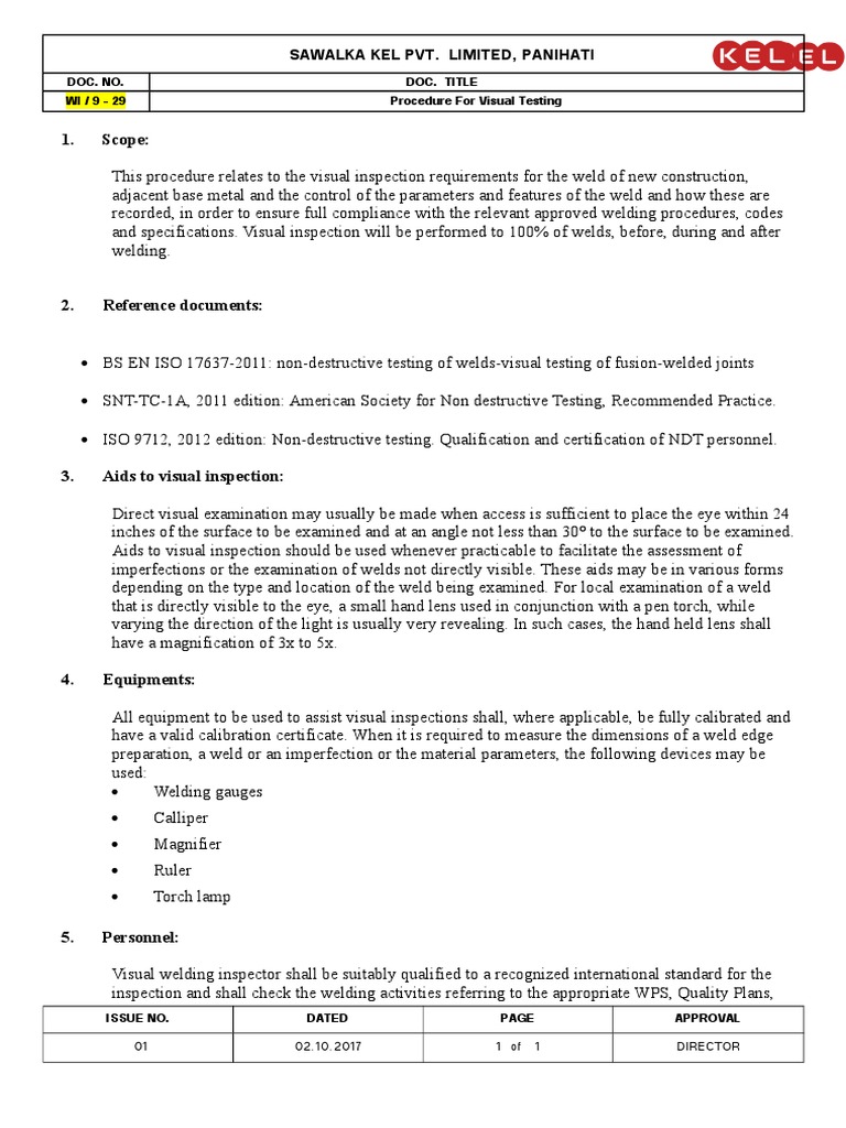 Visual Testing Procedure | PDF | Nondestructive Testing | Welding