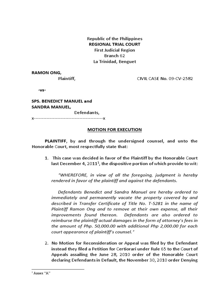 Sample Motion for Execution | Lawsuit | Government Institutions