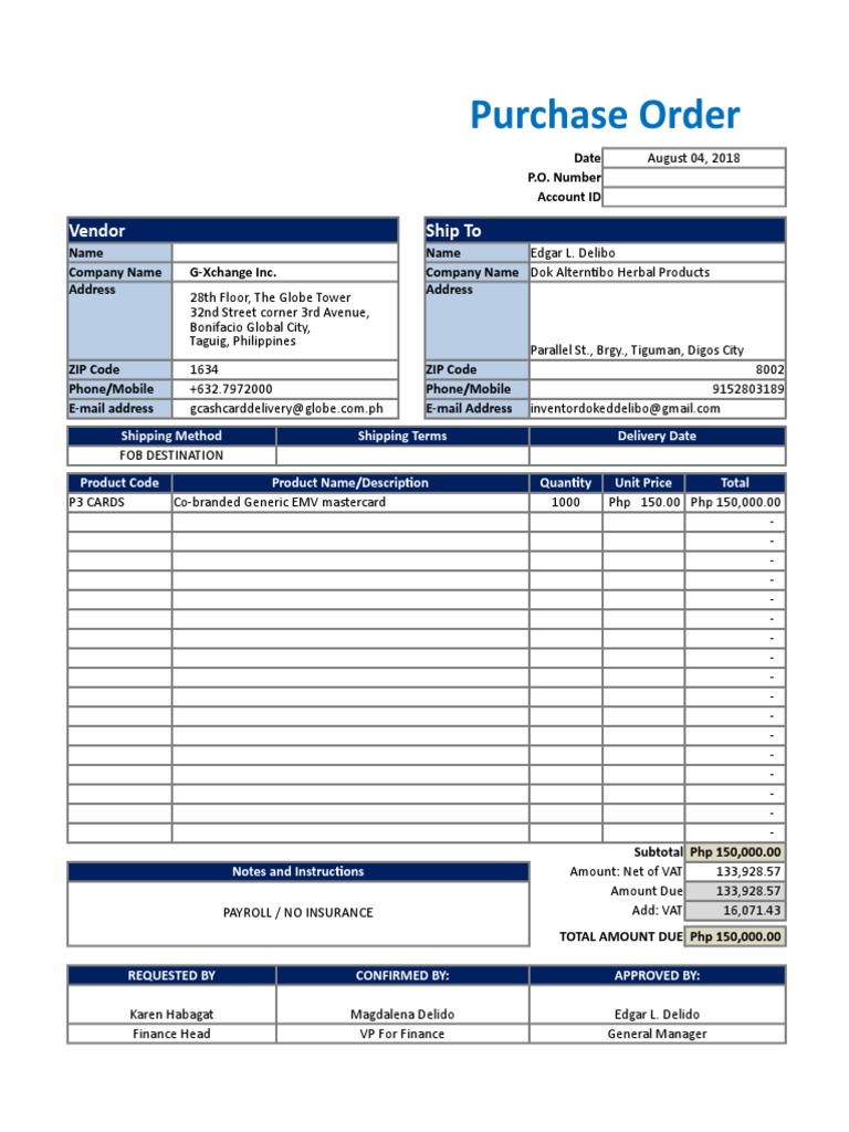 Sample Po - Card Order (July 31, 2018) | PDF