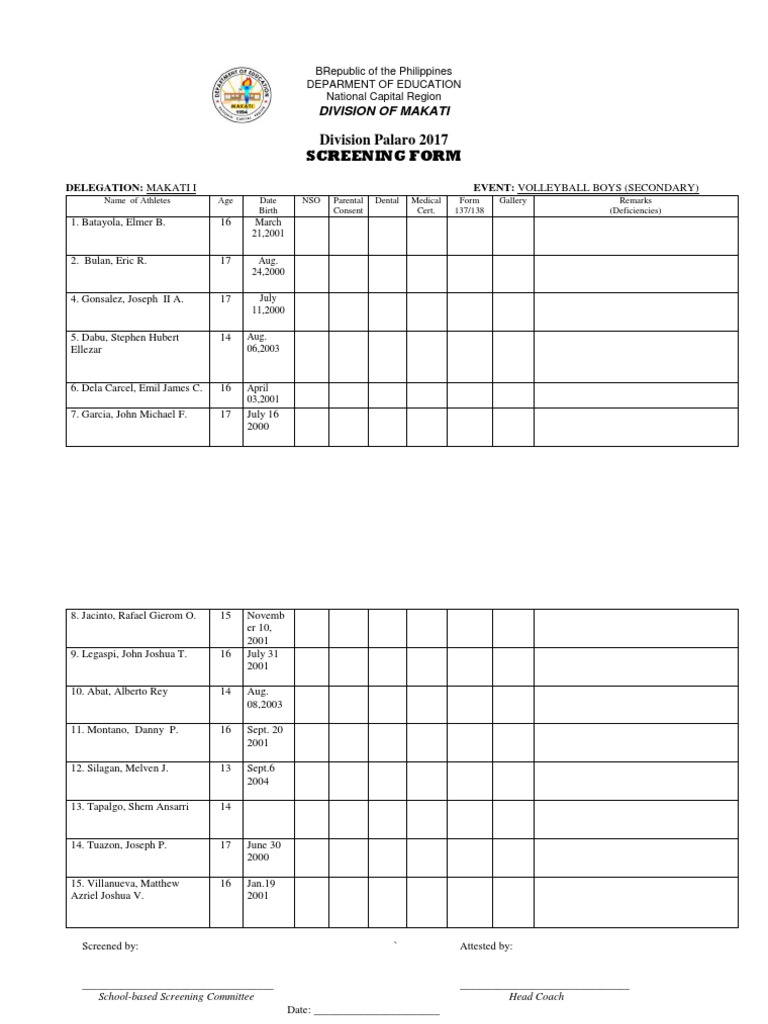 Division Palaro 2017 Screening Form | PDF