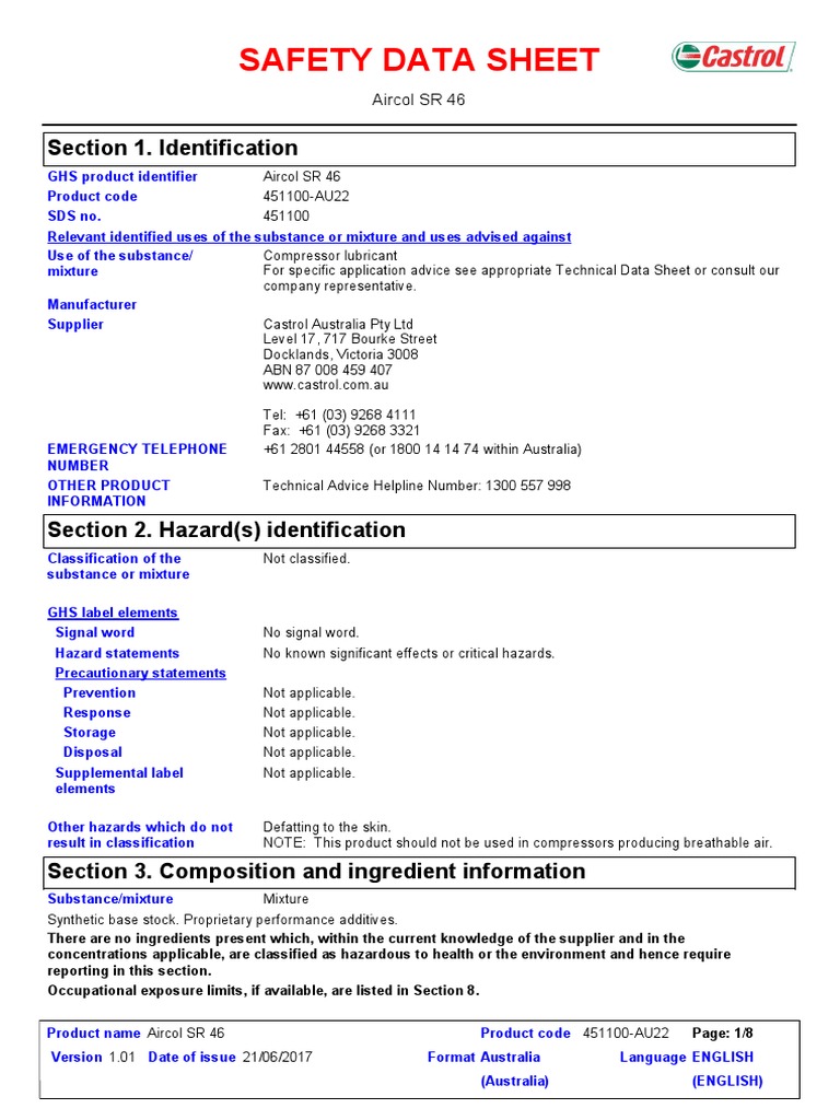 Aircol SR 46 Safety Data Sheet | PDF | Personal Protective Equipment ...
