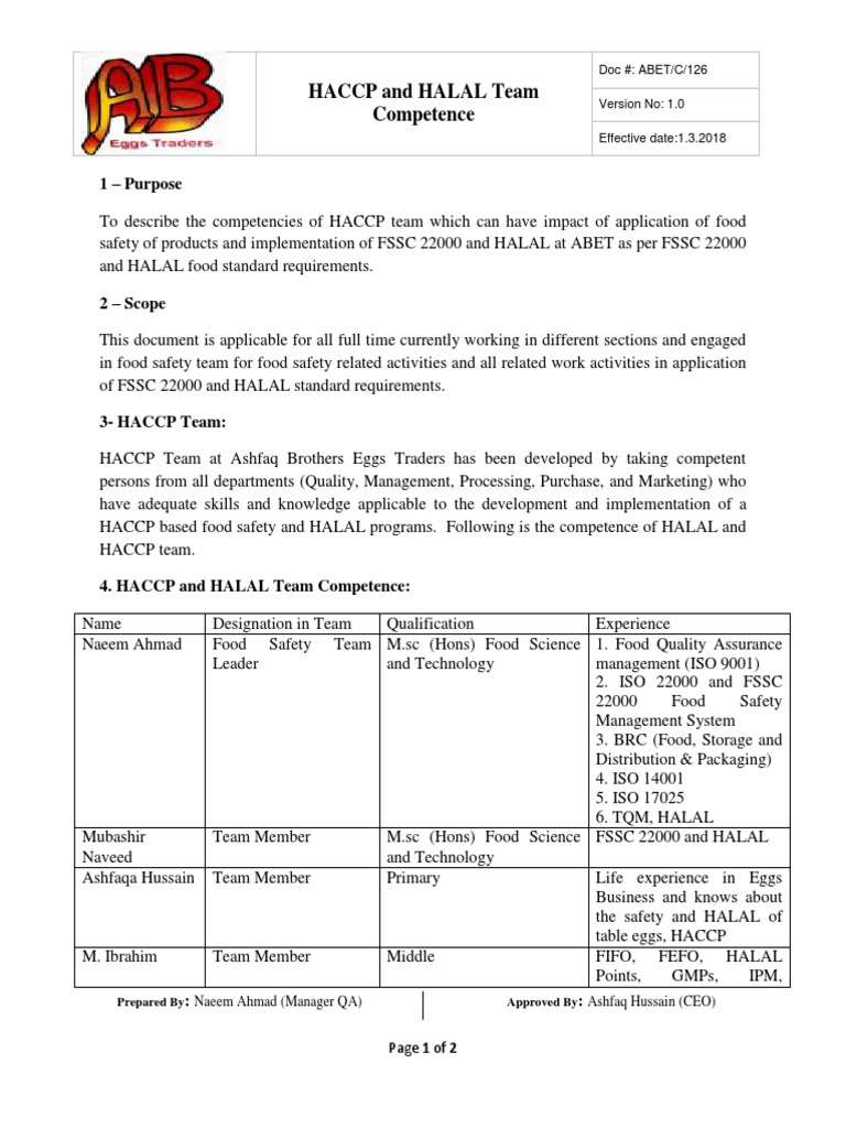 Abet 126 - Haccp and Halal Team Competence | PDF | Hazard Analysis And ...