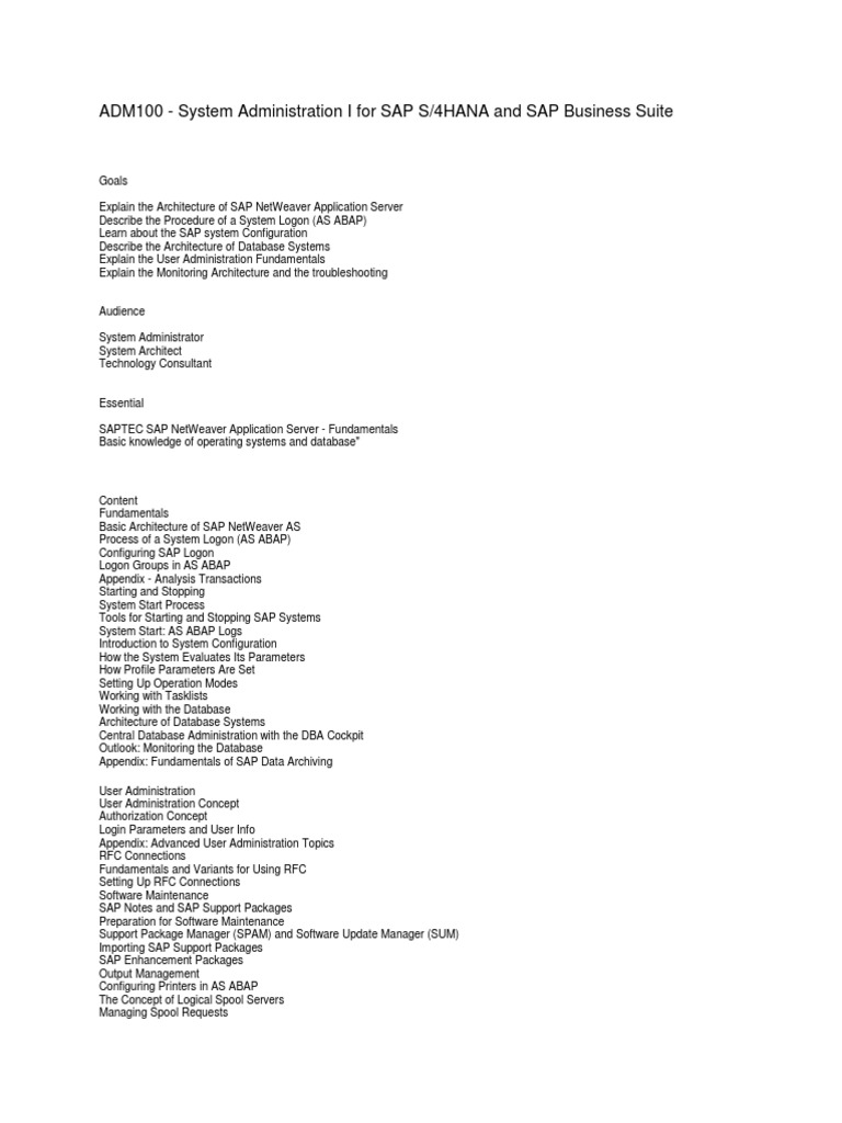 ADM100 - System Administration I For SAP S/4HANA and SAP Business Suite ...