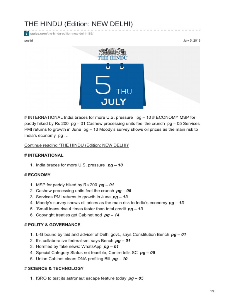 The Hindu (Edition: New Delhi) : # International | PDF | Social Science