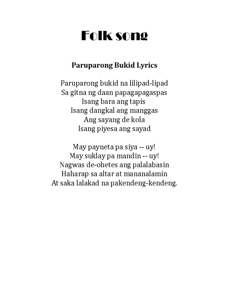 Folk Song: Paruparong Bukid Lyrics | PDF | Rooster