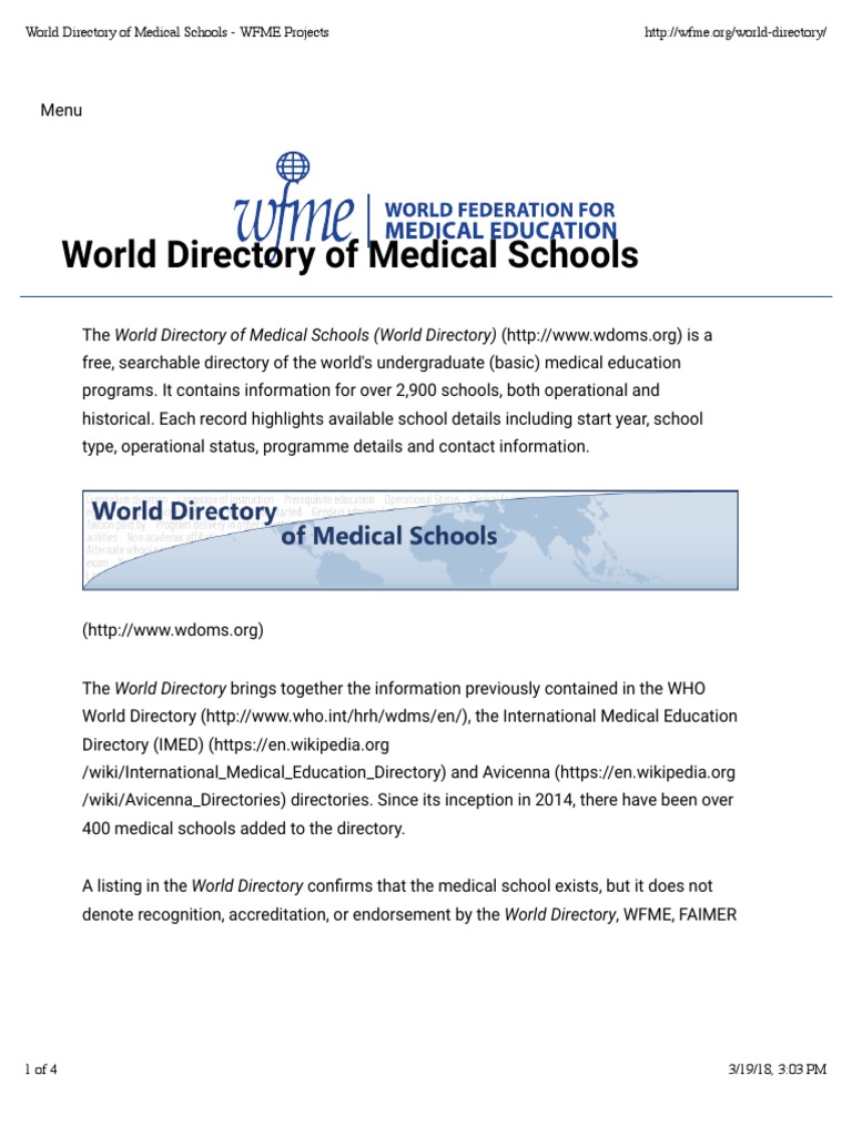 World Directory of Medical Schools - WFME Projects | PDF | Medical ...