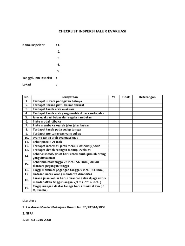 Checklist Inspeksi Jalur Evakuasi | PDF