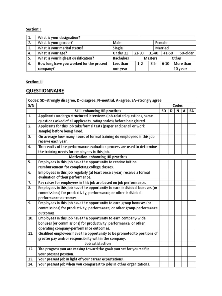 Questionnaire: Section: I | PDF | Employment | Performance Appraisal