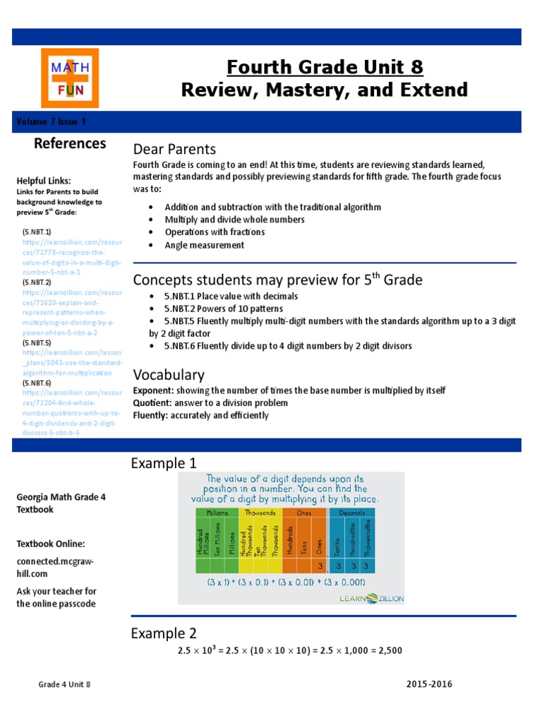 Grade 4 Unit 8 Parent Letter | PDF | Division (Mathematics) | Numbers