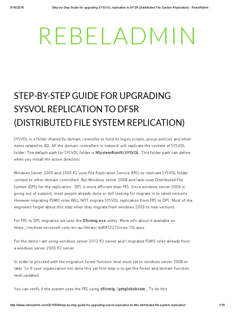 Step-By-Step Guide For Upgrading SYSVOL Replication To DFSR ... Step-By-Step Guide For Upgrading SYSVOL Replication To DFSR ...