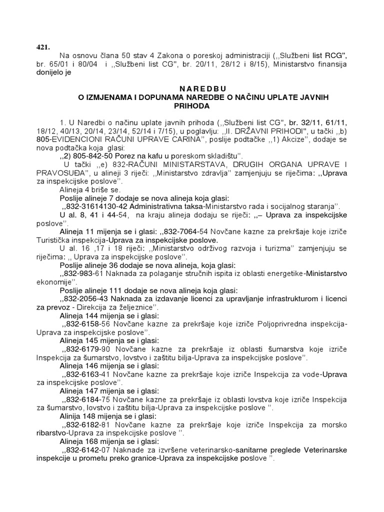 Naredba o Izmjenama I Dopunama Naredbe o Načinu Uplate Javnih Prihoda | PDF