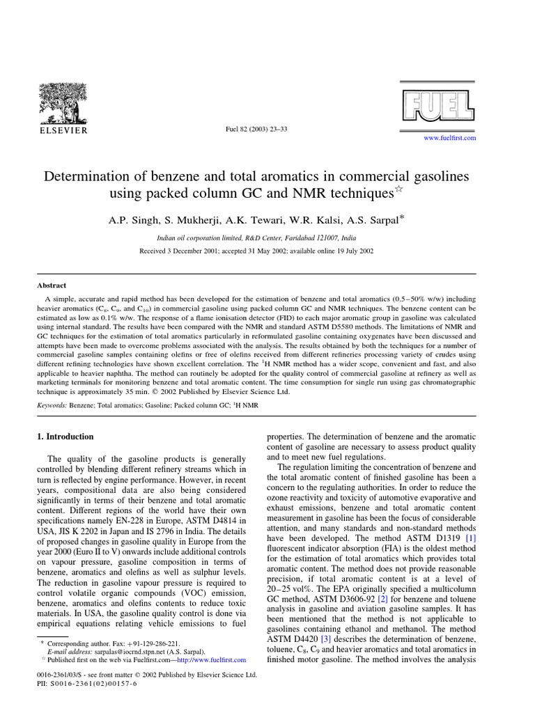 Determination of Benzene and Total Aromatics in Commercial Gasolines ...