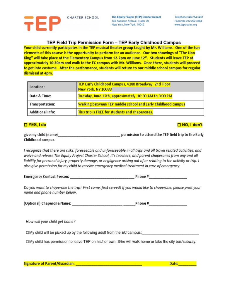 TEP Field Trip Permission Form - TEP Early Childhood Campus: The Equity ...