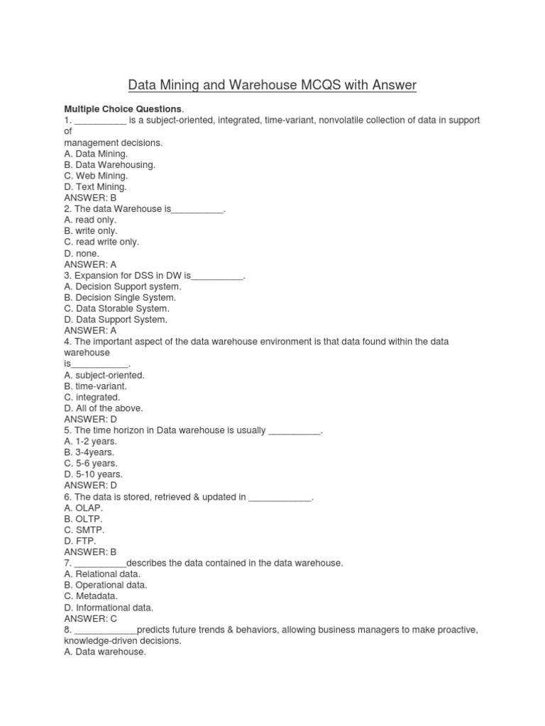 Data Mining and Warehouse MCQS With Answer Good | PDF | Data Warehouse | Cluster Analysis