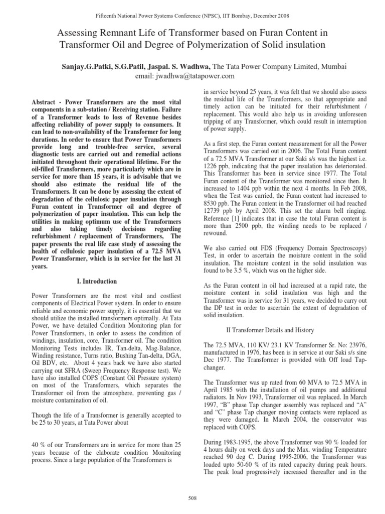 Furan Analysis for Transformer Life Assessment | PDF | Transformer ...