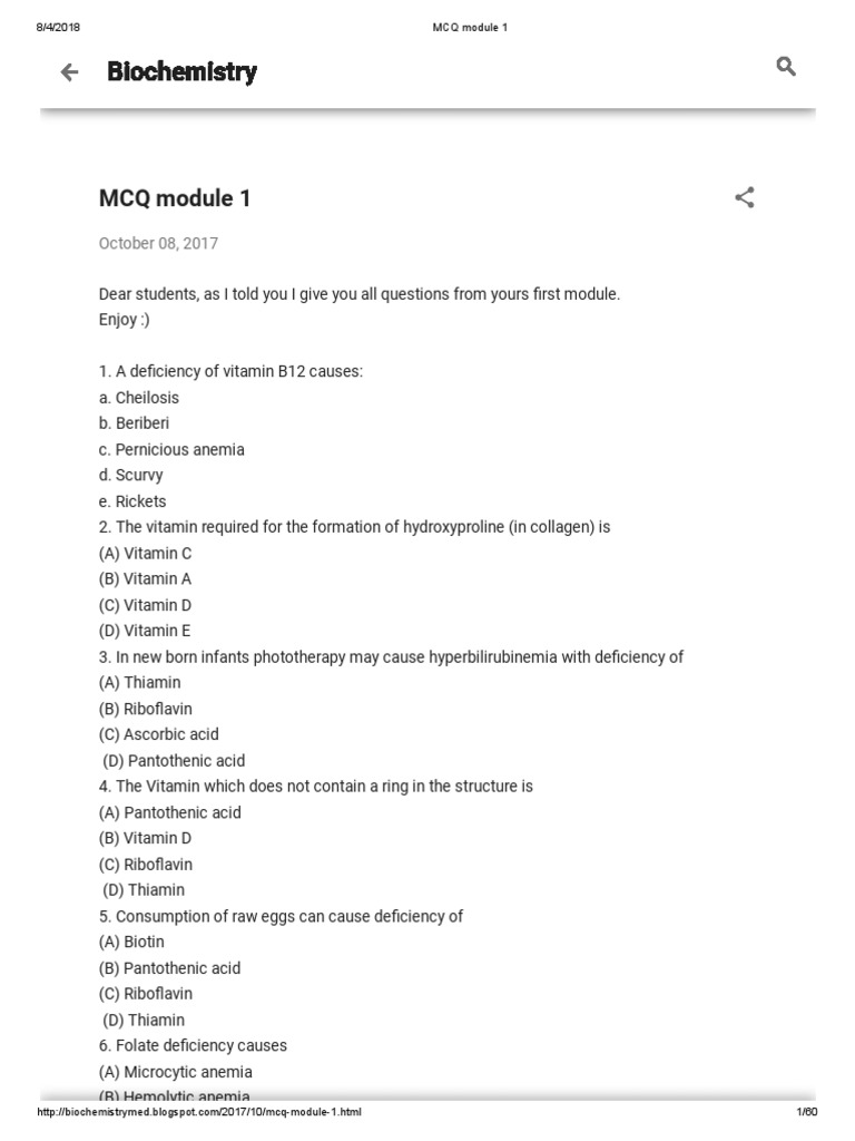 Biochemistry MCQ Module 1 Questions | PDF | Enzyme Inhibitor | Active Site