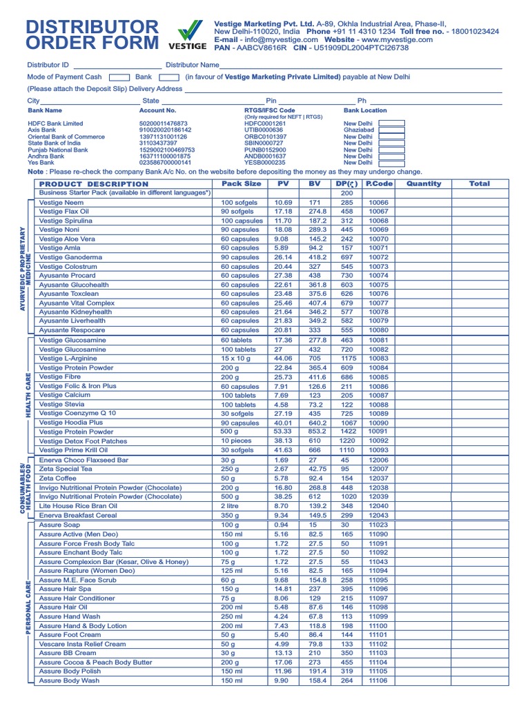 VESTIGE OrderForm English | PDF | Shampoo | Oral Hygiene