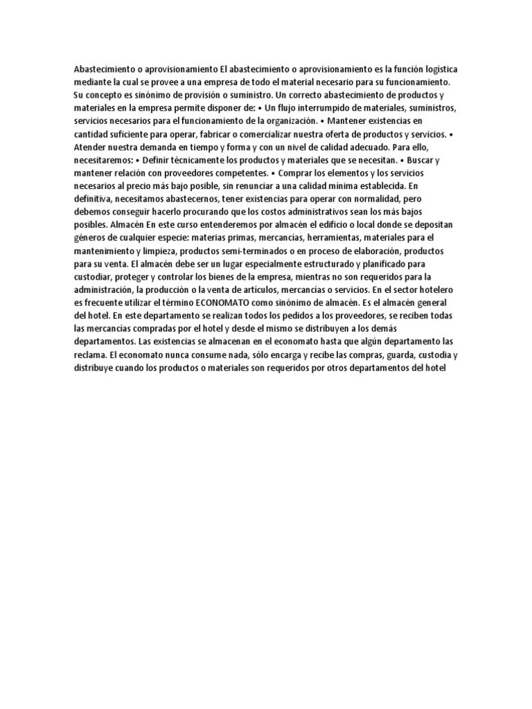 Abastecimiento o Aprovisionamiento El Abastecimiento o ...