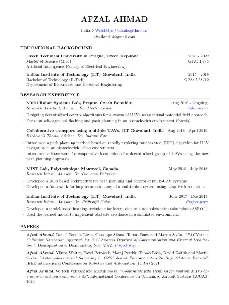 Afzal Ahmad: Web:https://afxalz - Github.io | PDF | Robotics | Robot