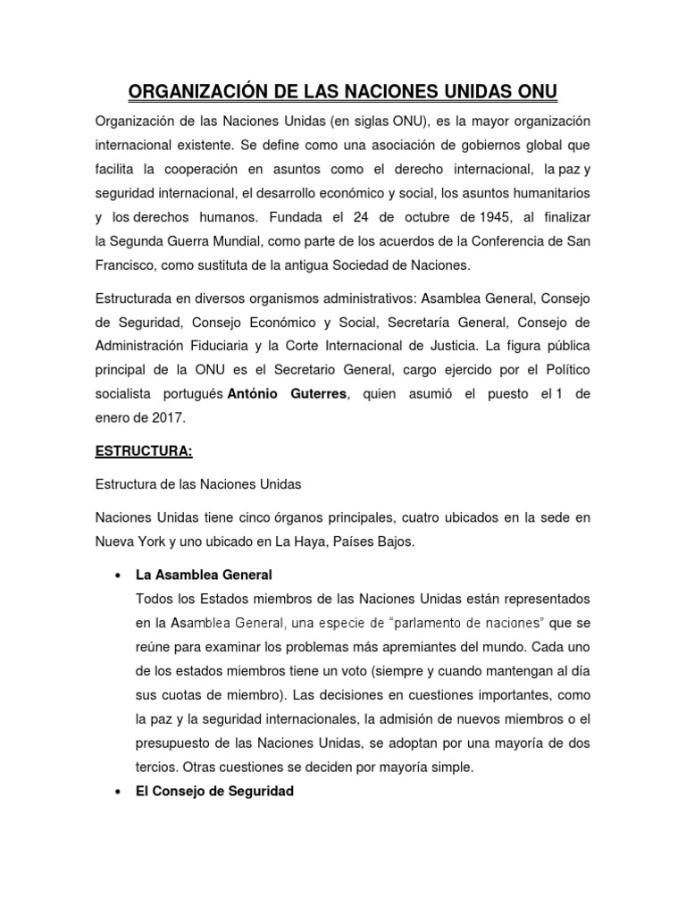 Organización de Las Naciones Unidas Onu: Estructura | PDF | Naciones ...