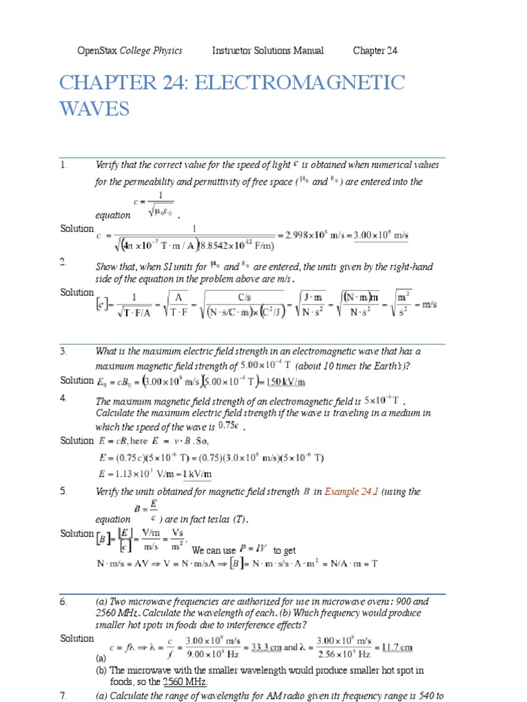 Physics Chapter 24 Answers | PDF | Electromagnetic Radiation | Speed Of ...