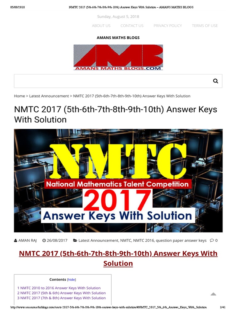 NMTC 2017 (5th-6th-7th-8th-9th-10th) Answer Keys With Solution - AMANS MATHS BLOGS | PDF ...