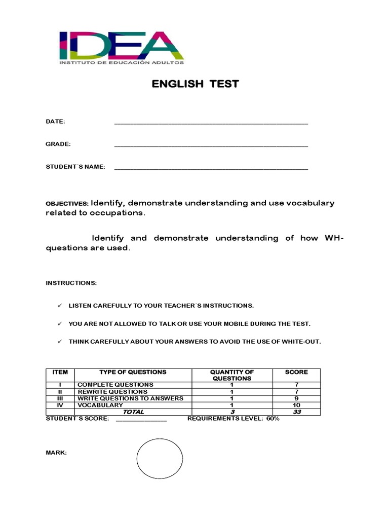 English Test WH Questions | Download Free PDF | Question | English Language