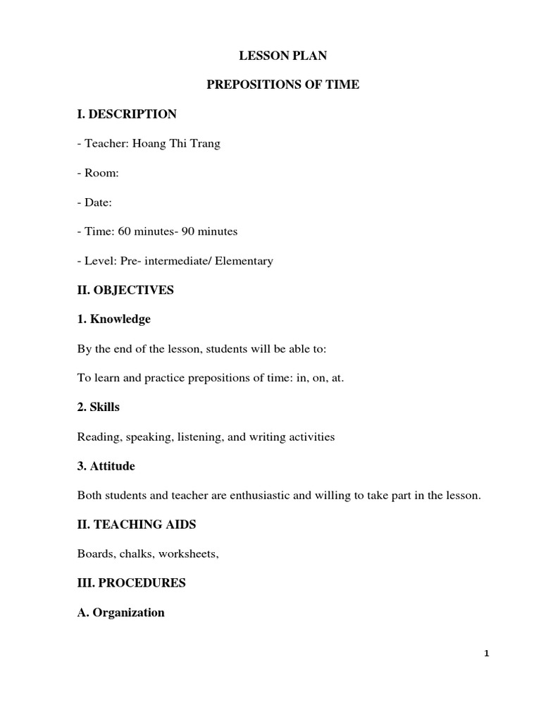 Lesson Plan Prepositions of Time I. Description | PDF | Question ...