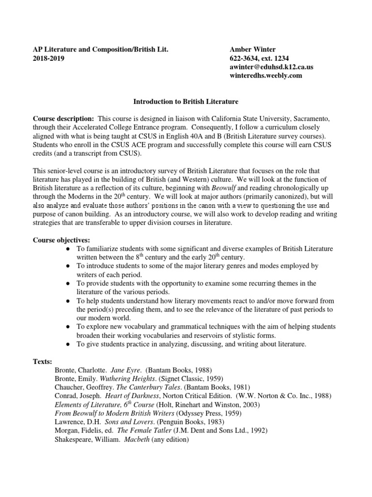 2018 Ap Lit Syllabus | PDF | Essays | Test (Assessment)