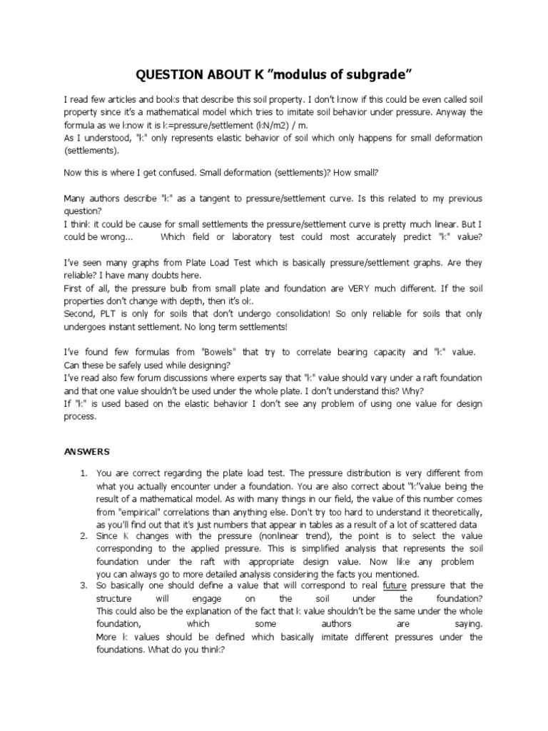 QUESTION ABOUT K "Modulus of Subgrade": Answers | PDF | Beam (Structure ...