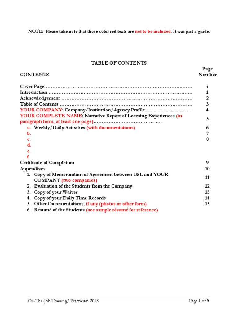 00 Table of Contents Ojt Report 2018 | PDF | Written Communication