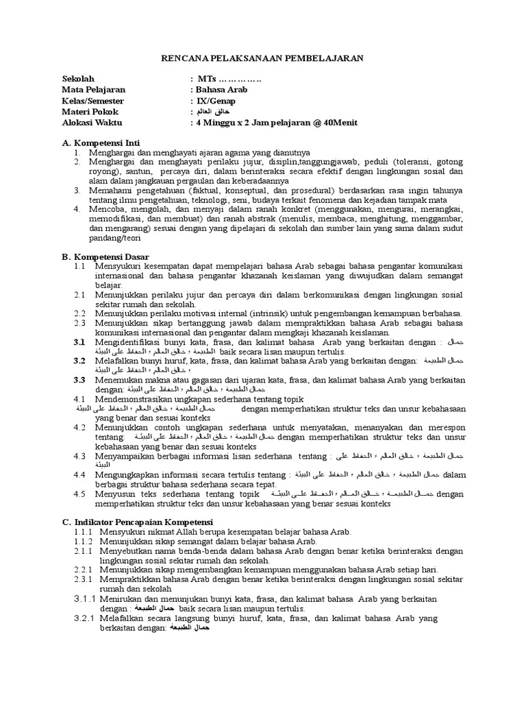 RPP BAhasa Arab Kelas IX | PDF | Karier & Perkembangan | Seni & Disiplin Bahasa