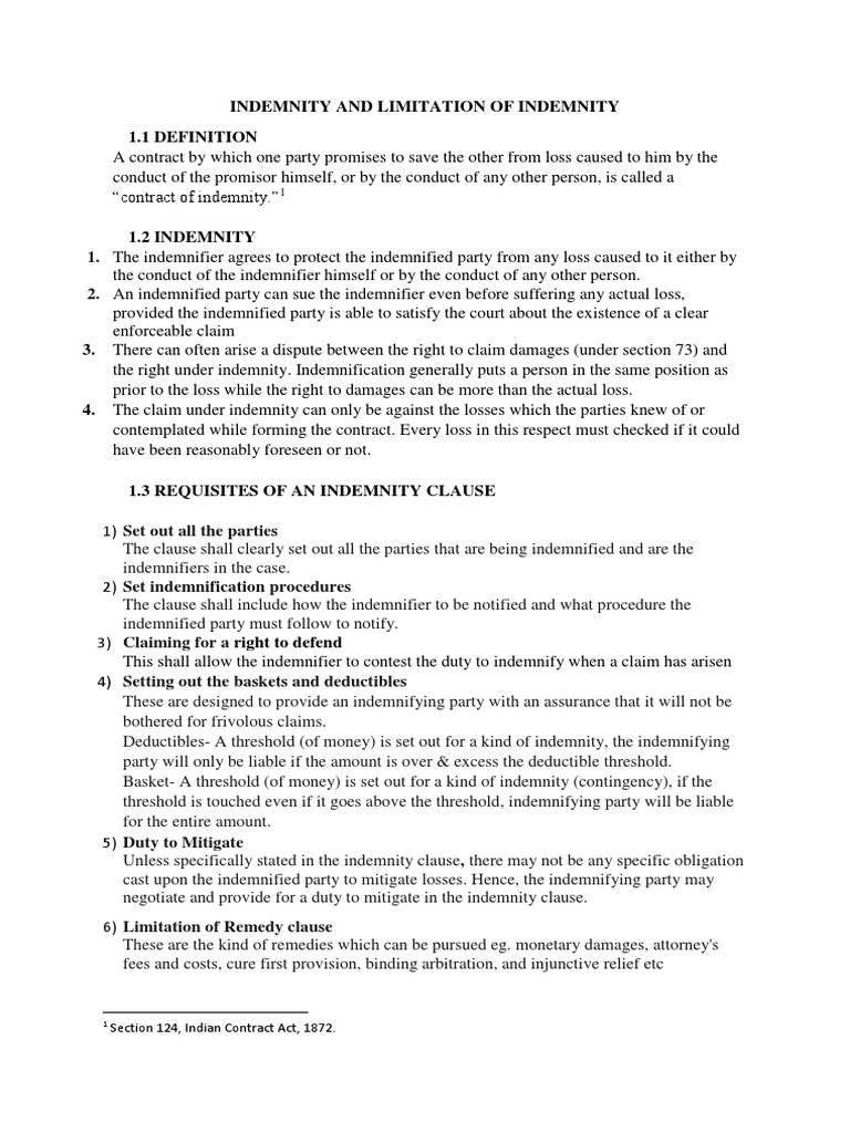 Indemnity & Limitation of Indemnity | Indemnity | Contract Law | Free ...