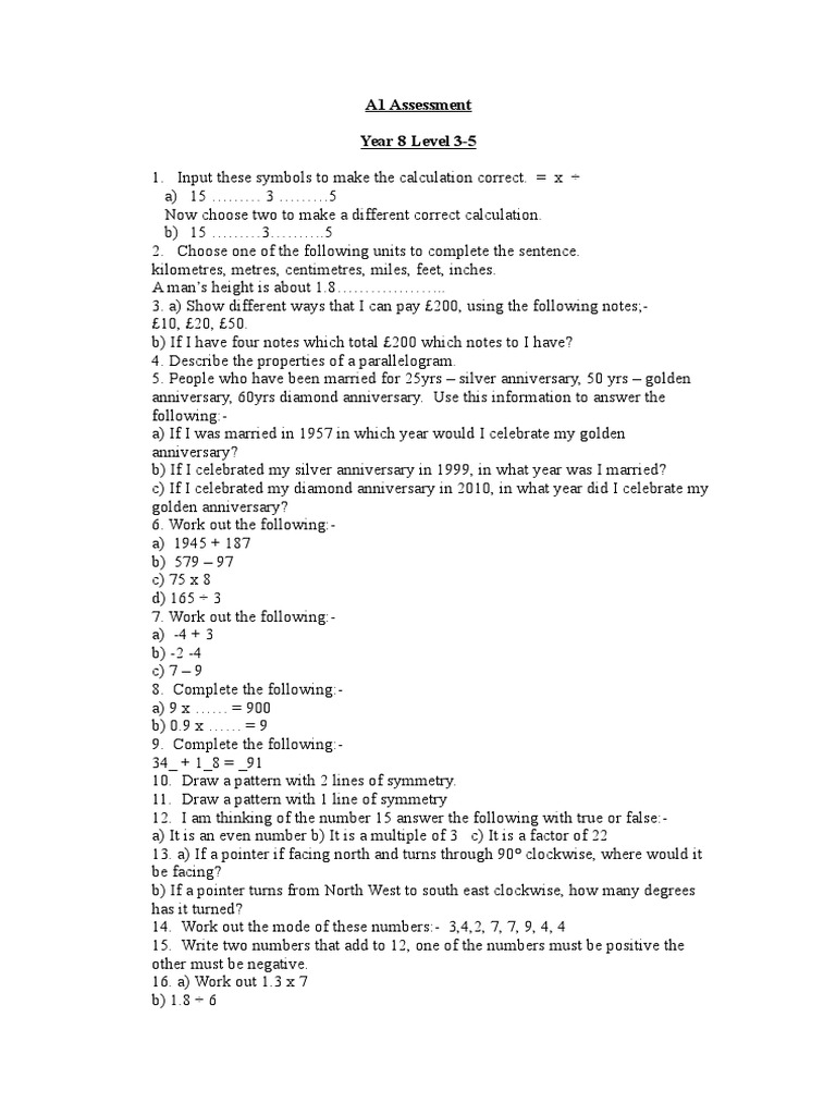 Maths Assessment Year 8 Questions | PDF | Percentage | Area