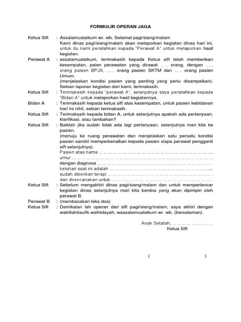 Formulir Operan Jaga | PDF | Kesehatan Holistik