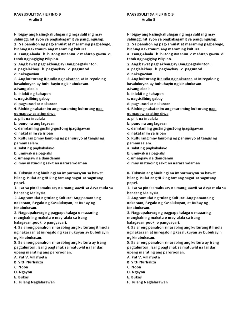 Pagsusulit Sa Filipino 9 | PDF