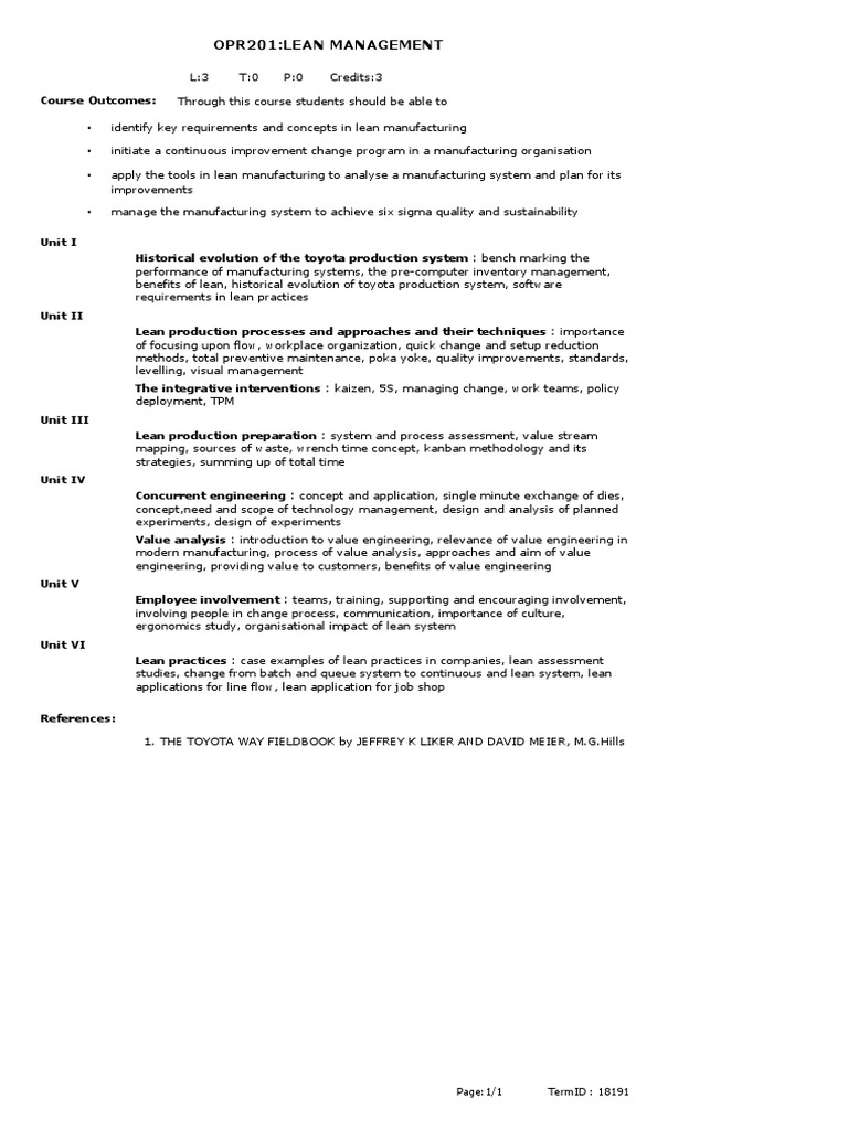 Opr 201 Lean Management | PDF | Lean Manufacturing | Production And ...
