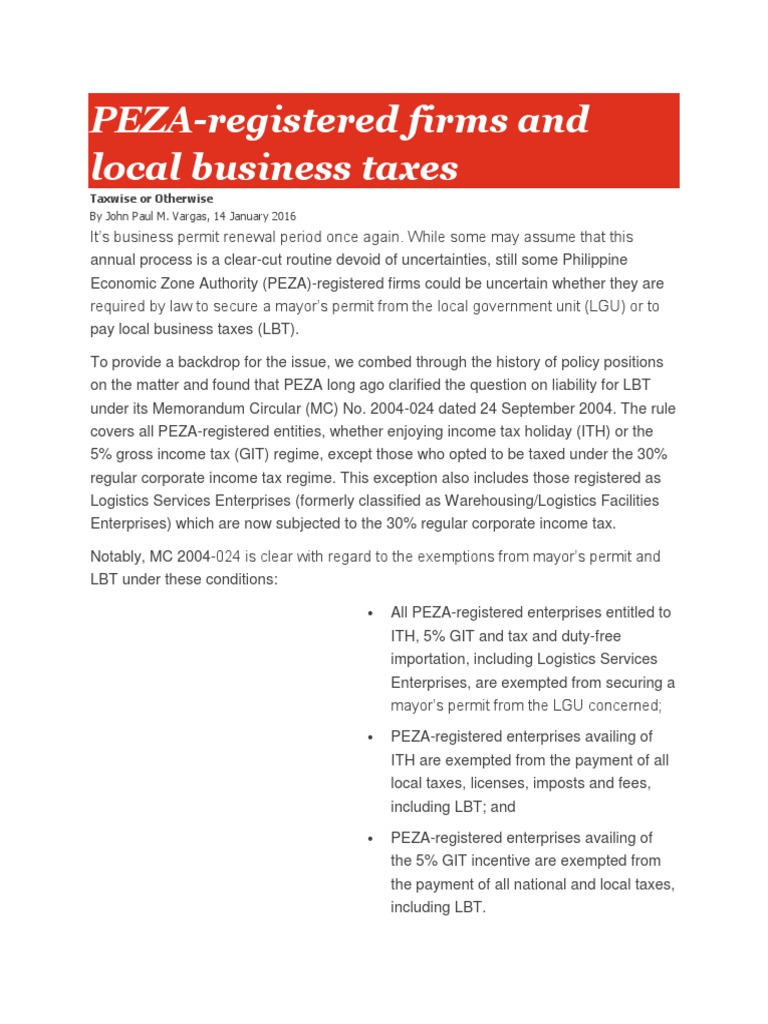 PEZA Article On LBT | PDF | Tax Exemption | Taxes